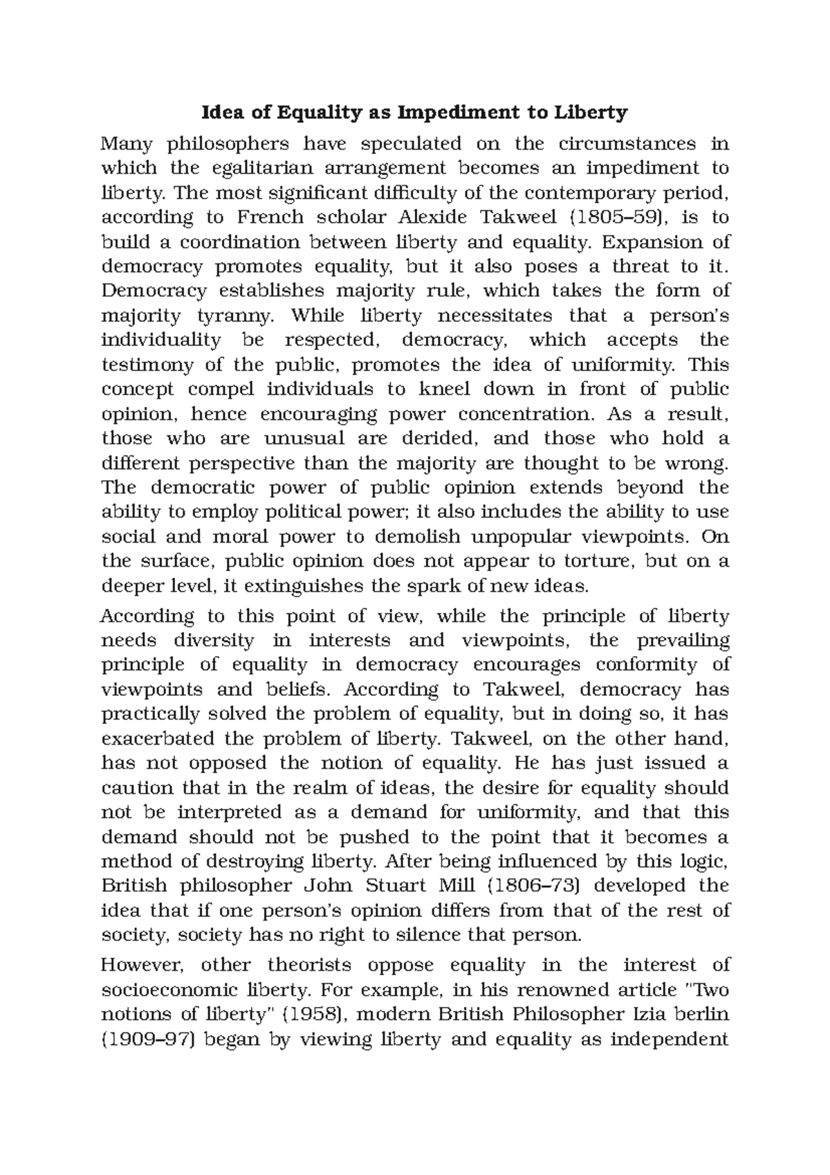 Idea of Equality as Impediment to Liberty - The most significant ...