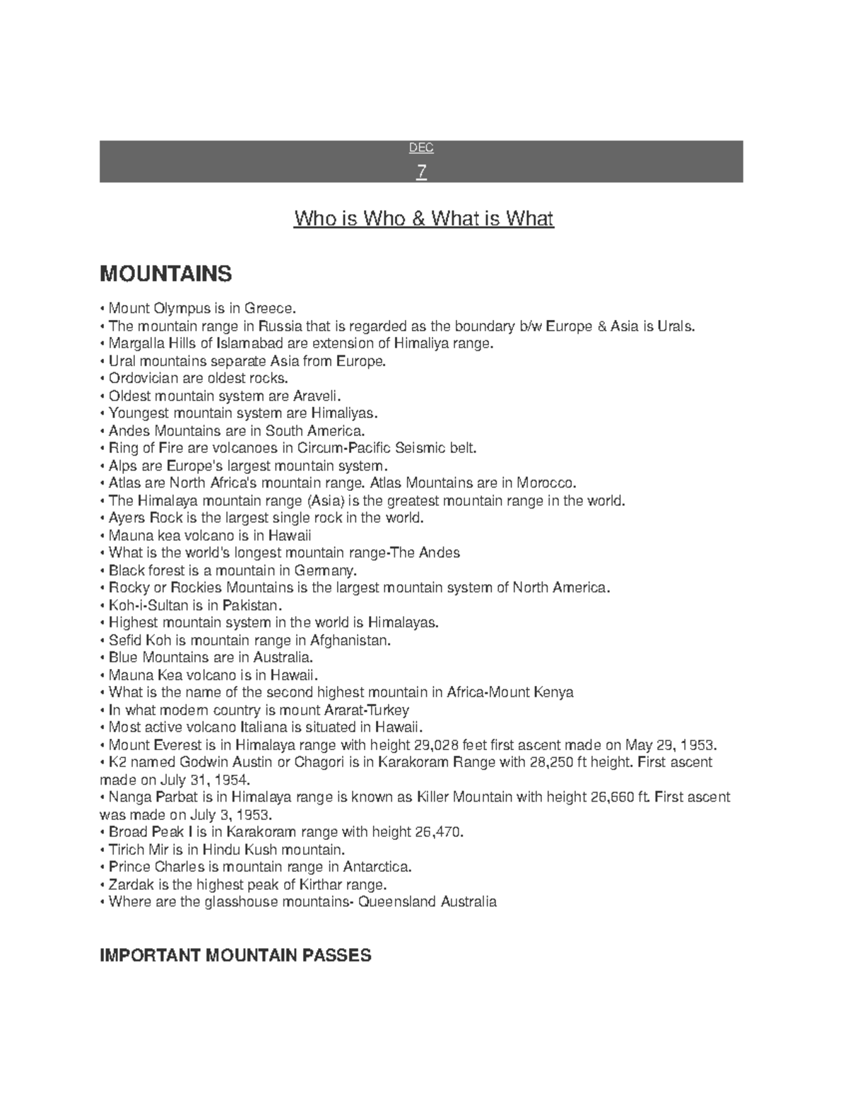 -general knowledge - DEC 7 Who is Who & What is What MOUNTAINS Mount ...