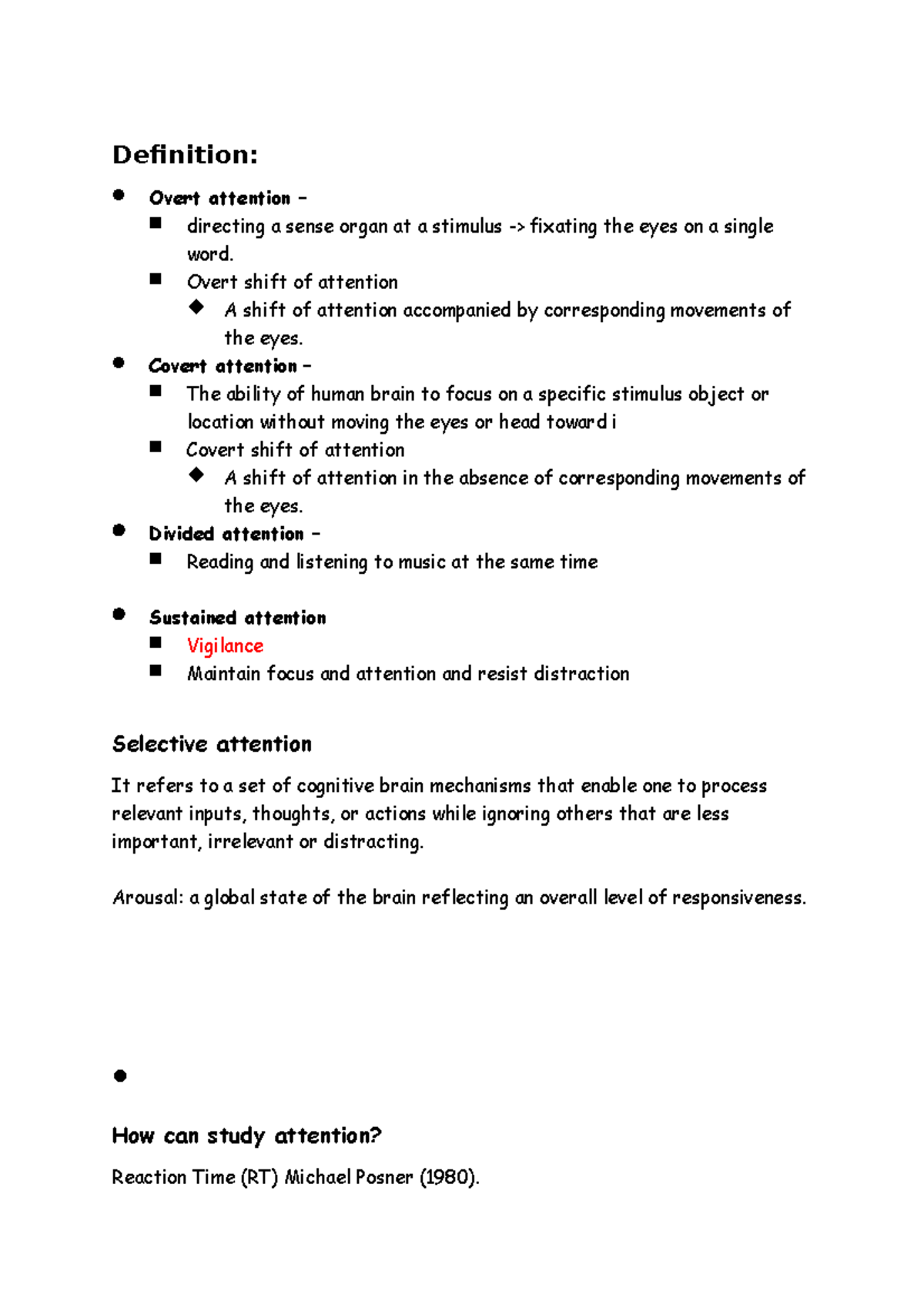 Sensation 7 - Lecture notes - Definition: Overt attention – directing a ...