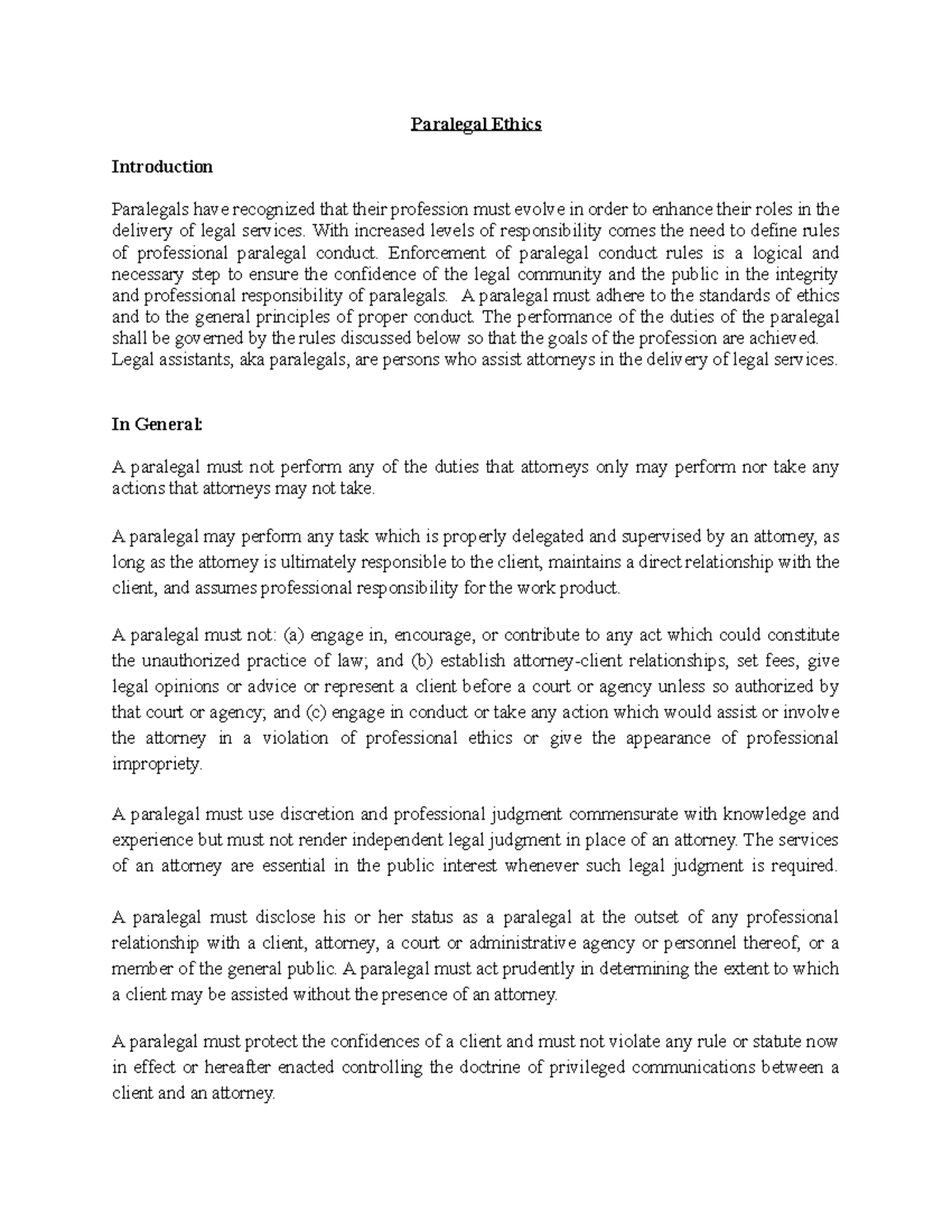 MFC 332 Intro Guide to Paralegal Ethics - Paralegal Ethics Introduction ...