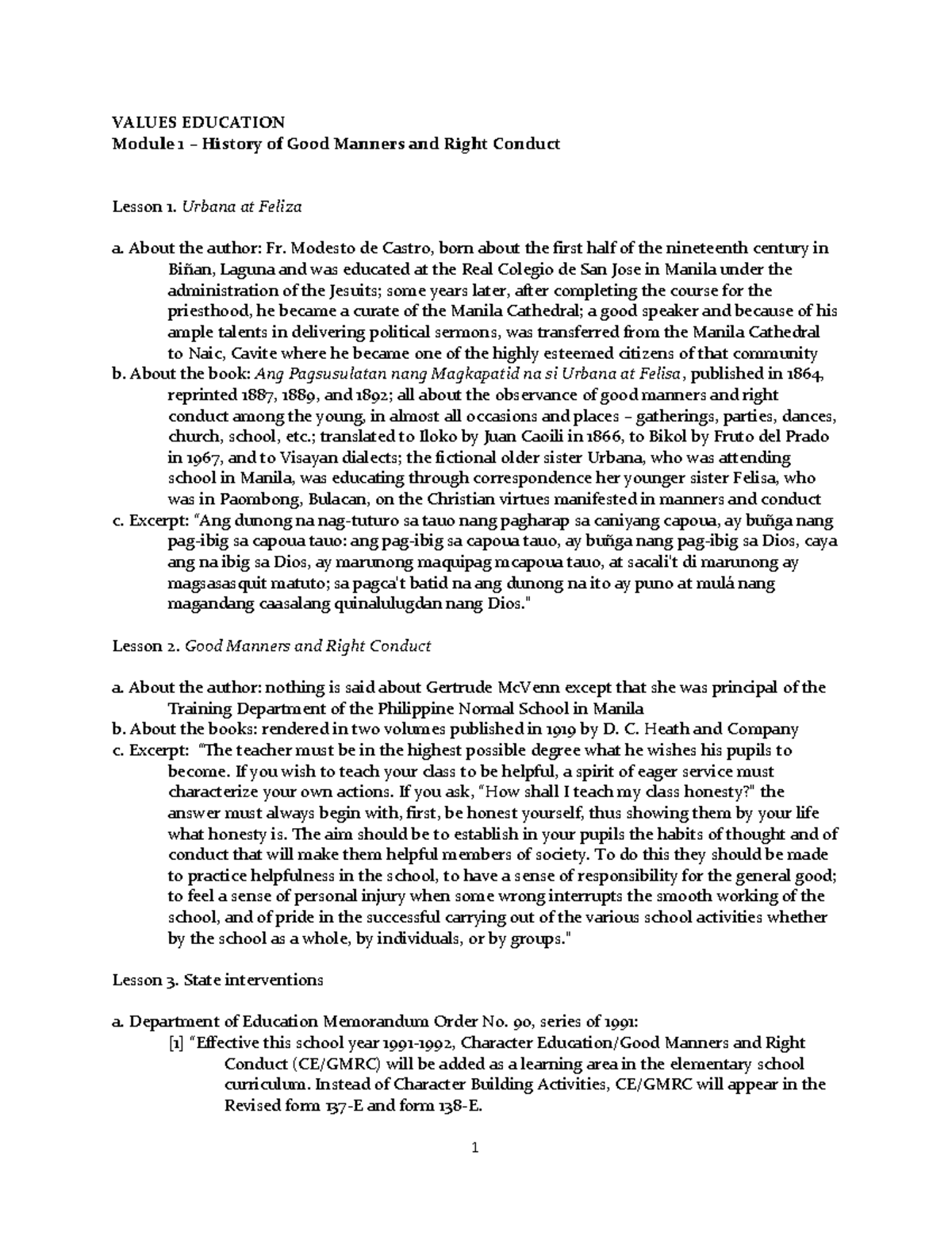 VAL EDUC MOD 1-1 - Val ed - 1 VALUES EDUCATION Module 1 – History of ...