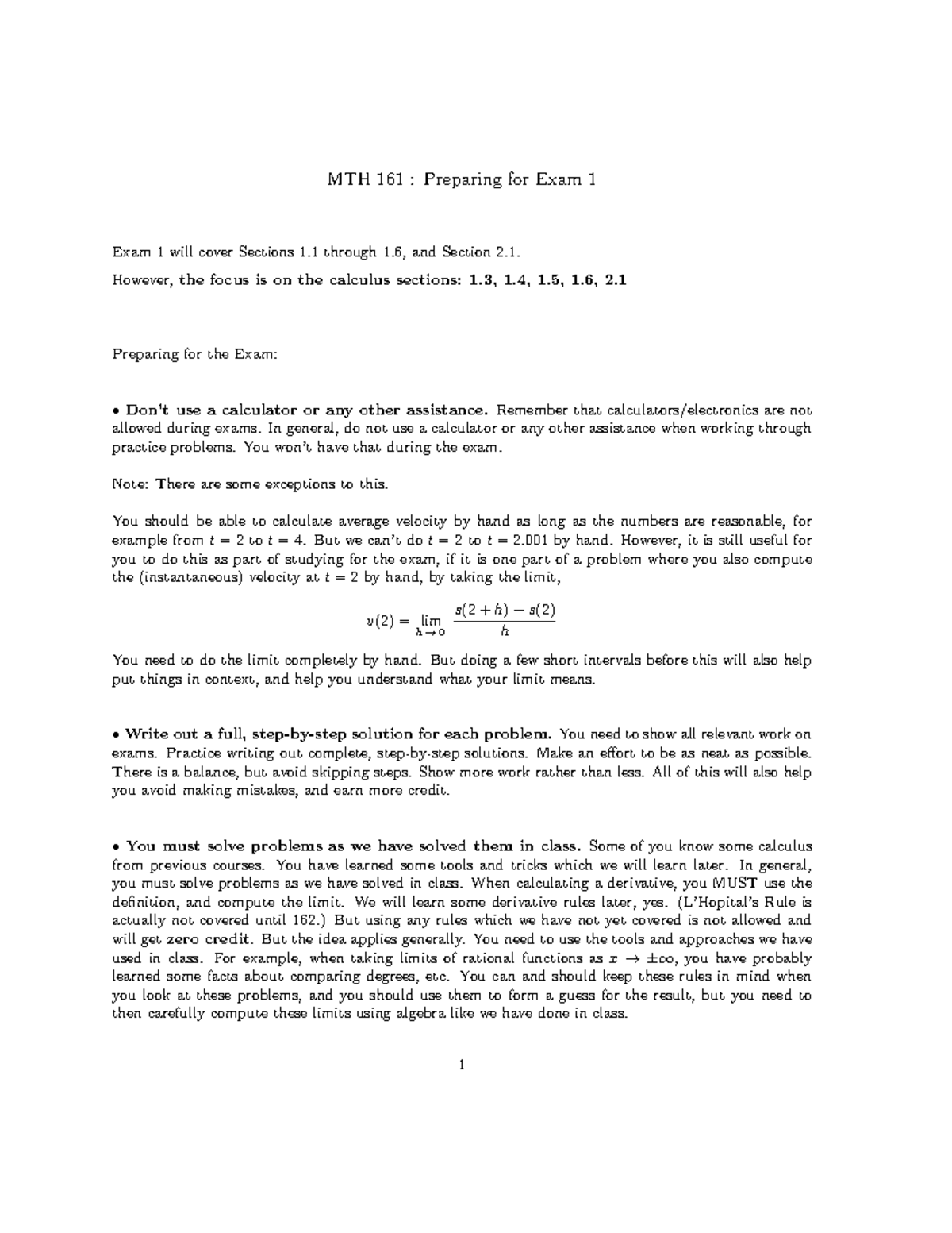 Preparing for Exam 1 in MTH 161 - Studocu