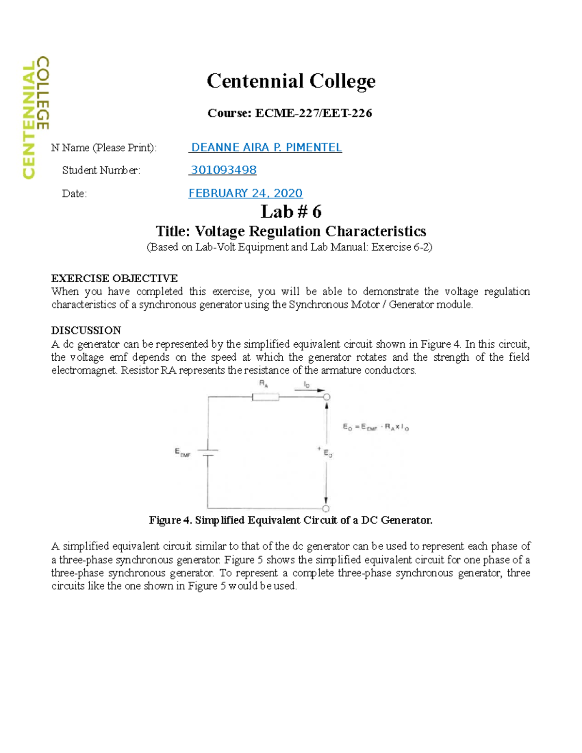 EET-226 Lab # 6 voltage regulation characteristics - Centennial College ...
