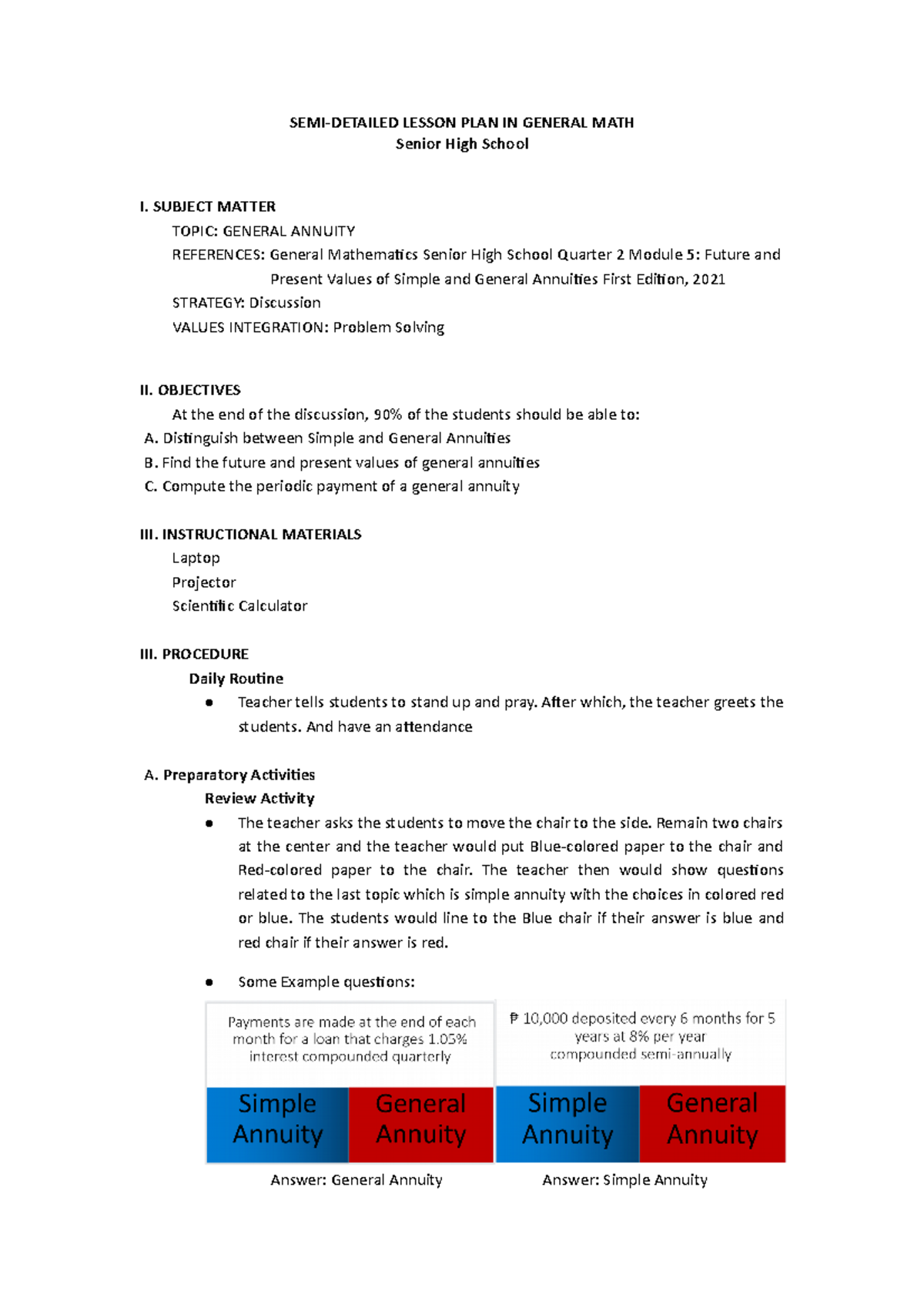 Lesson Plan for General Annuity - SEMI-DETAILED LESSON PLAN IN GENERAL ...
