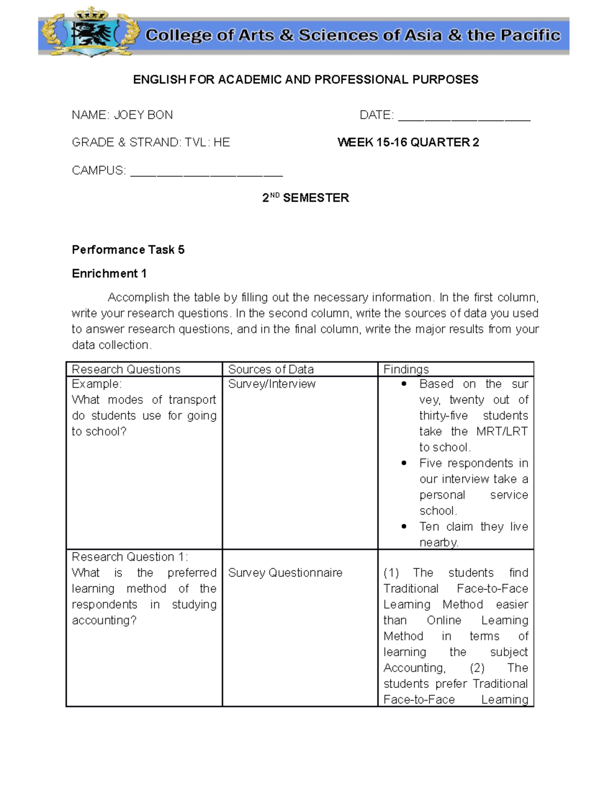 Eapp Performance Task 5 English For Academic And Professional