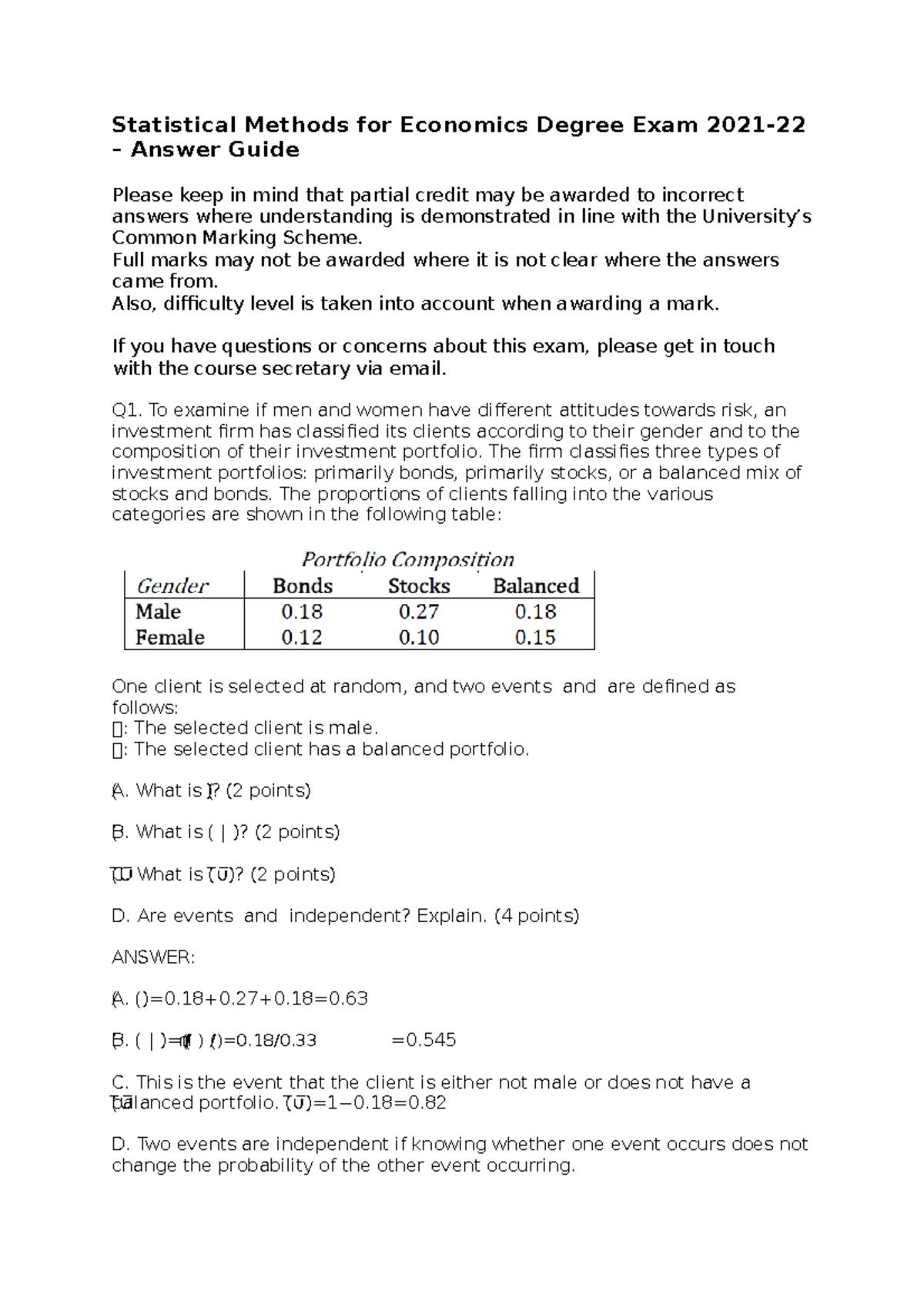 SME Degree Exam Answer Guide 2021-22 - Statistical Methods for ...