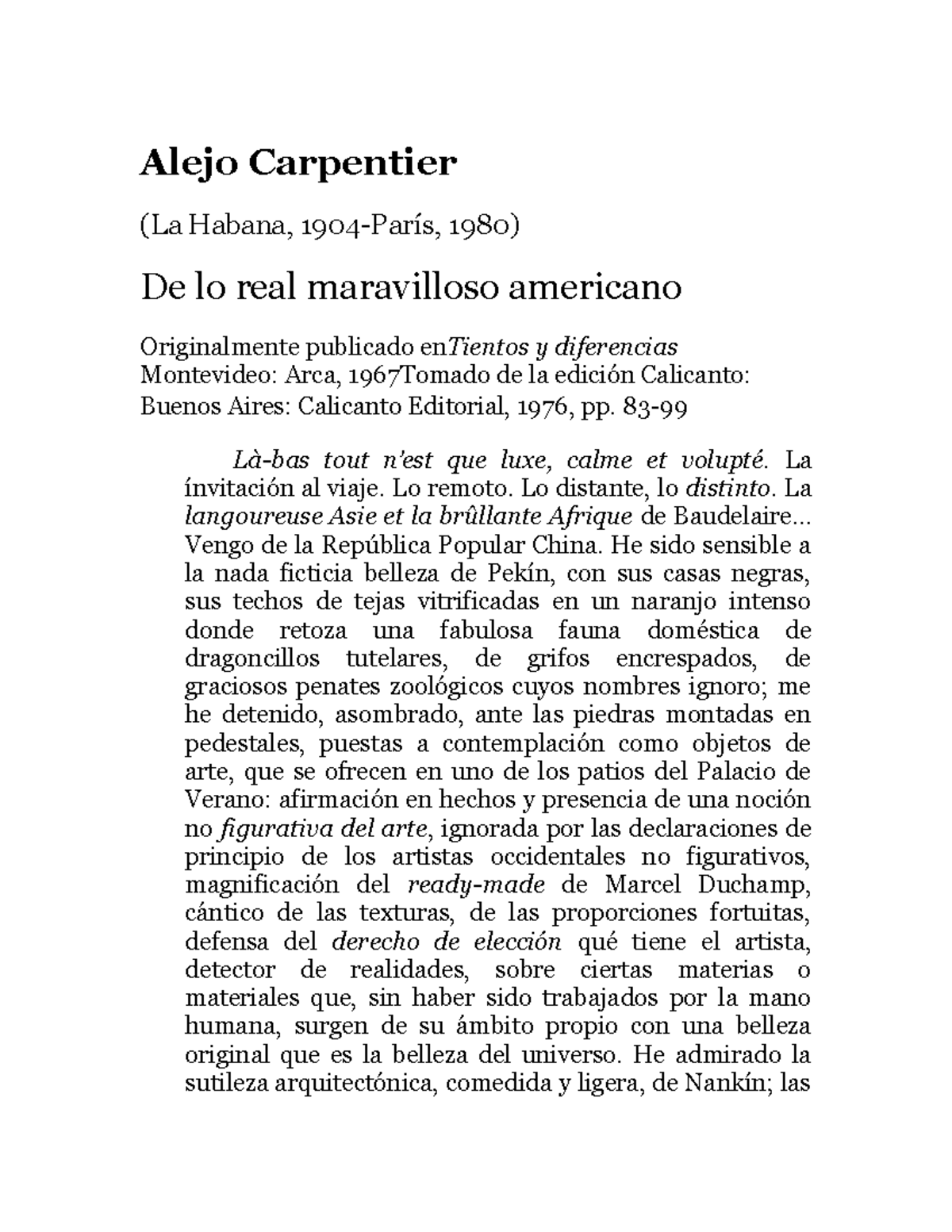 Carpentier, Alejo. De lo real maravilloso americano - Alejo Carpentier ...