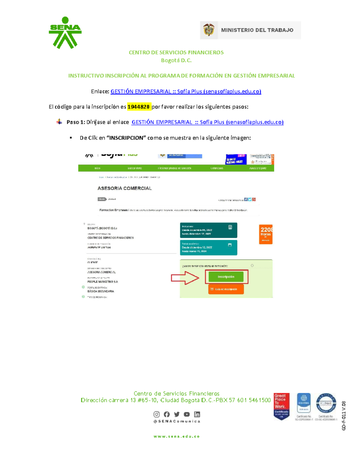 Inscripcion AL Programa DE Formacion EN SENA Sofia (1) - CENTRO DE SERVICIOS FINANCIEROS Bogotá ...