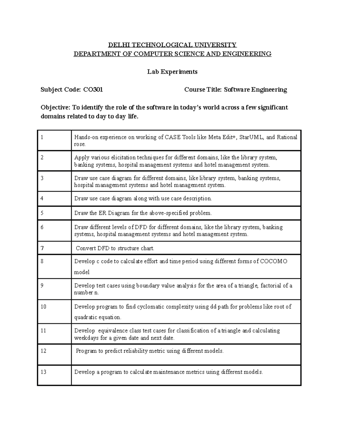 Software Engineering Lab Experiment List Delhi Technological University Department Of Computer