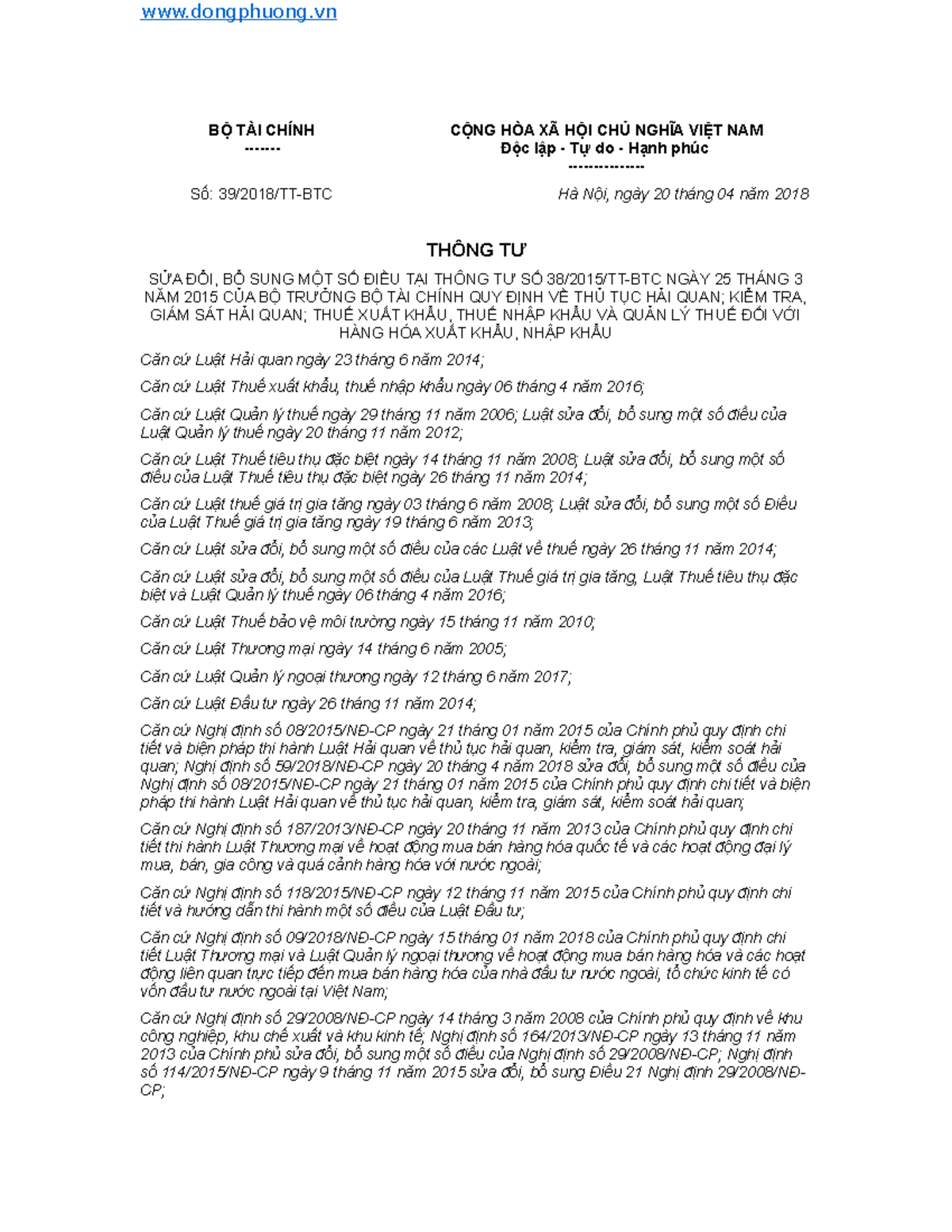 TT39 - THONG TU 39 TCHQ - dongphuong BỘ TÀI CHÍNH - CỘNG HÒA XÃ HỘI CHỦ ...