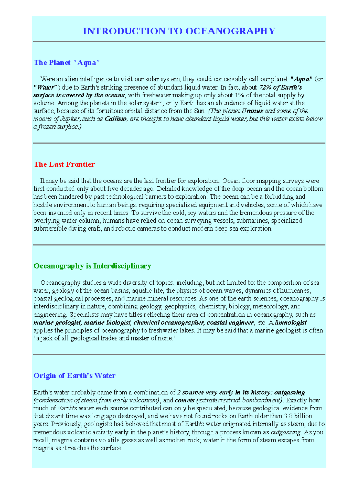 Introduction To Oceanography - INTRODUCTION TO OCEANOGRAPHY The Planet ...