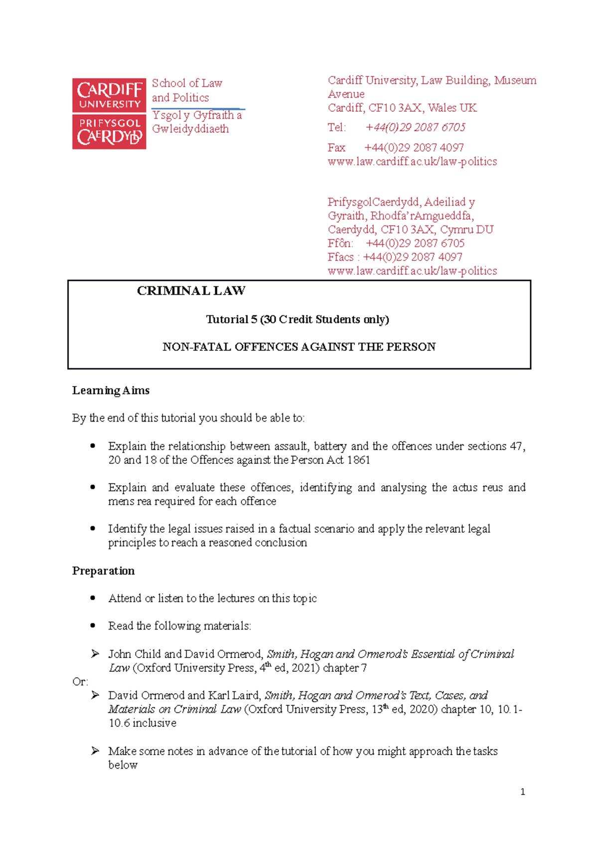 Criminal Law Tutorial- non fatal offences - School of Law and Politics ...