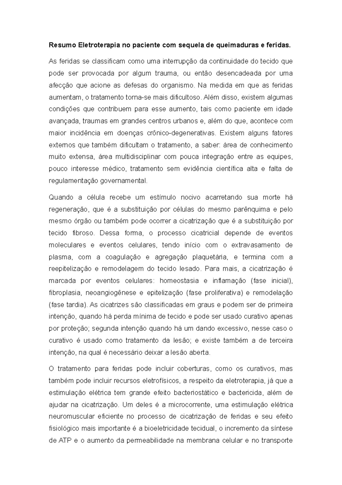 Resumo Eletroterapia no paciente com sequela de queimaduras e feridas ...