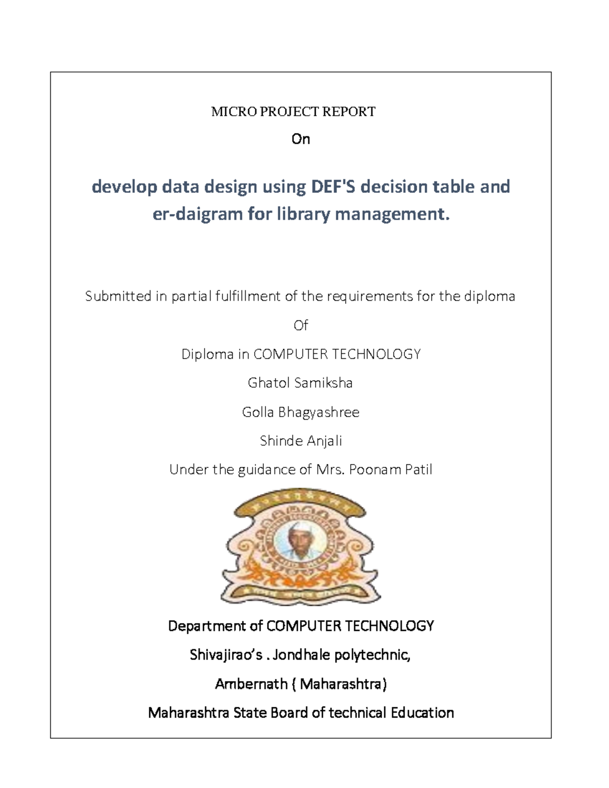 Software micro project-1 - MICRO PROJECT REPORT On develop data design ...
