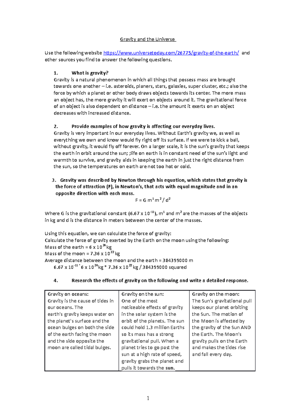 Gravity and the Universe -)-) - Gravity and the Universe Use the ...