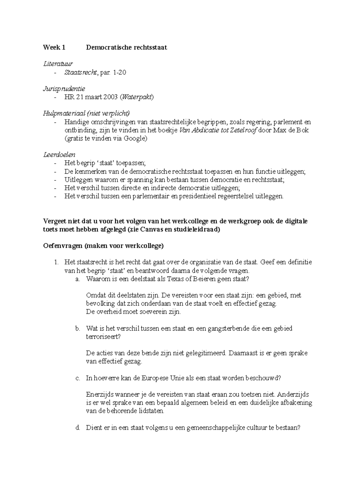 Werkboek week 1 opdrachten in eerste blok - Inleiding Privaatrecht ...