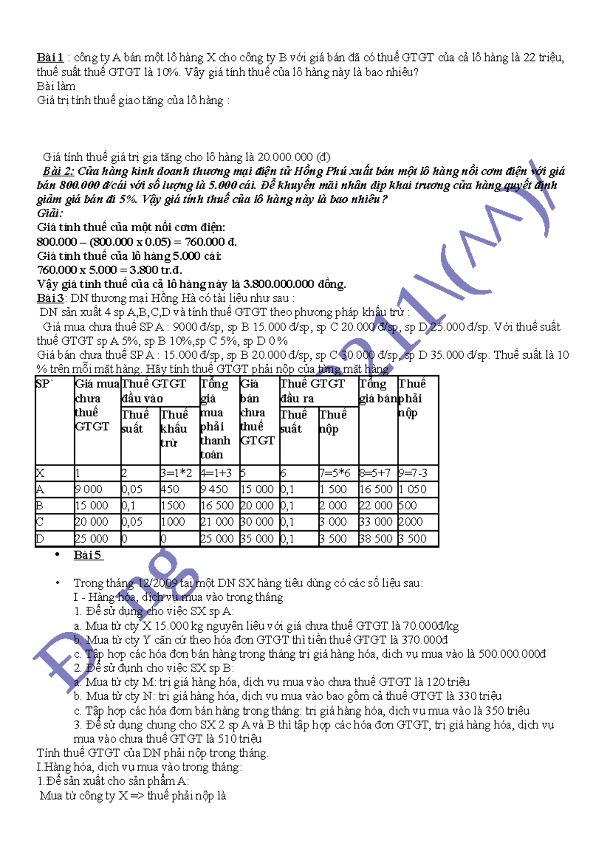 100 BT THUE - Thuế bài tập - Bài 1 : công ty A bán một lô hàng X cho công ty B với giá bán đã có ...
