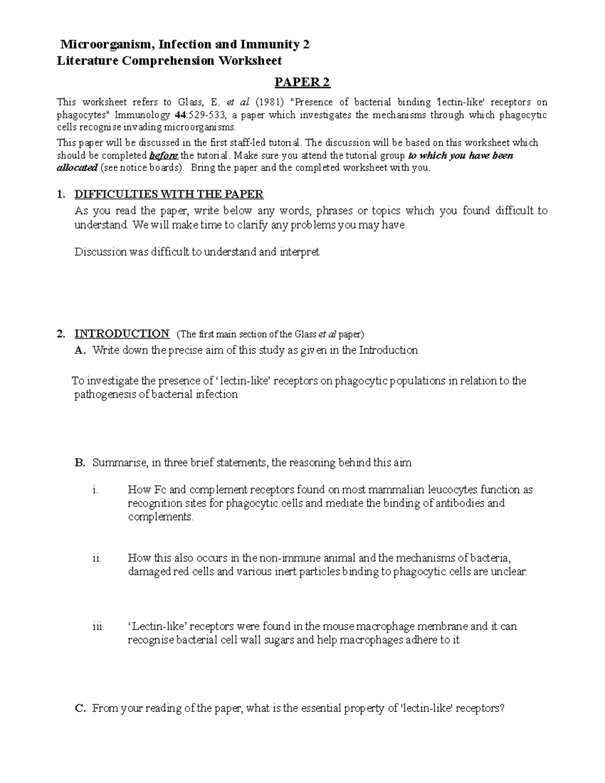 MII Tutorial 2 Answers - Microorganism, Infection and Immunity 2 ...