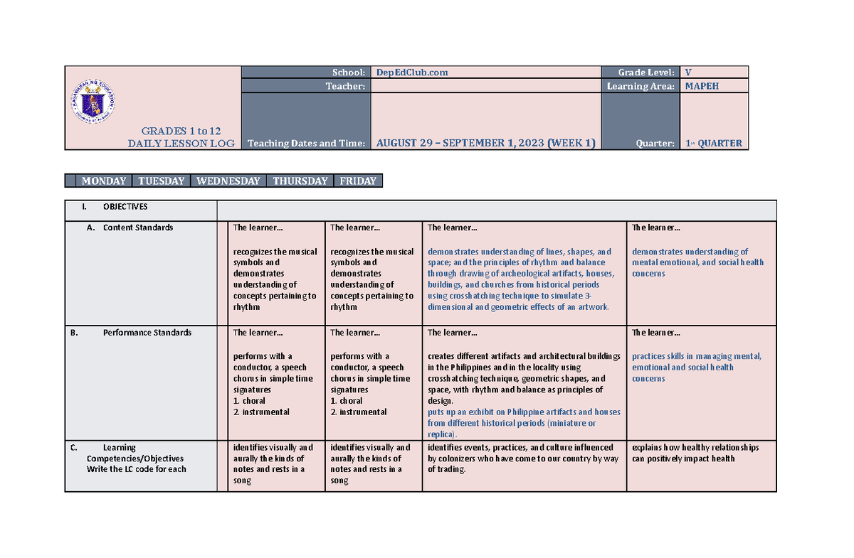 DLL q1 w1 - 1111 - GRADES 1 to 12 DAILY LESSON LOG School: DepEdClub ...