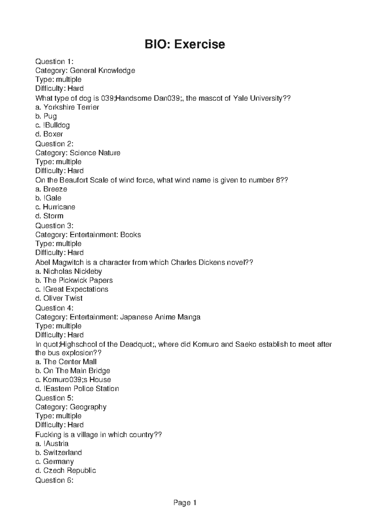 BIO184 lec notes 8 - BIO: Exercise Question 1: Category: General ...