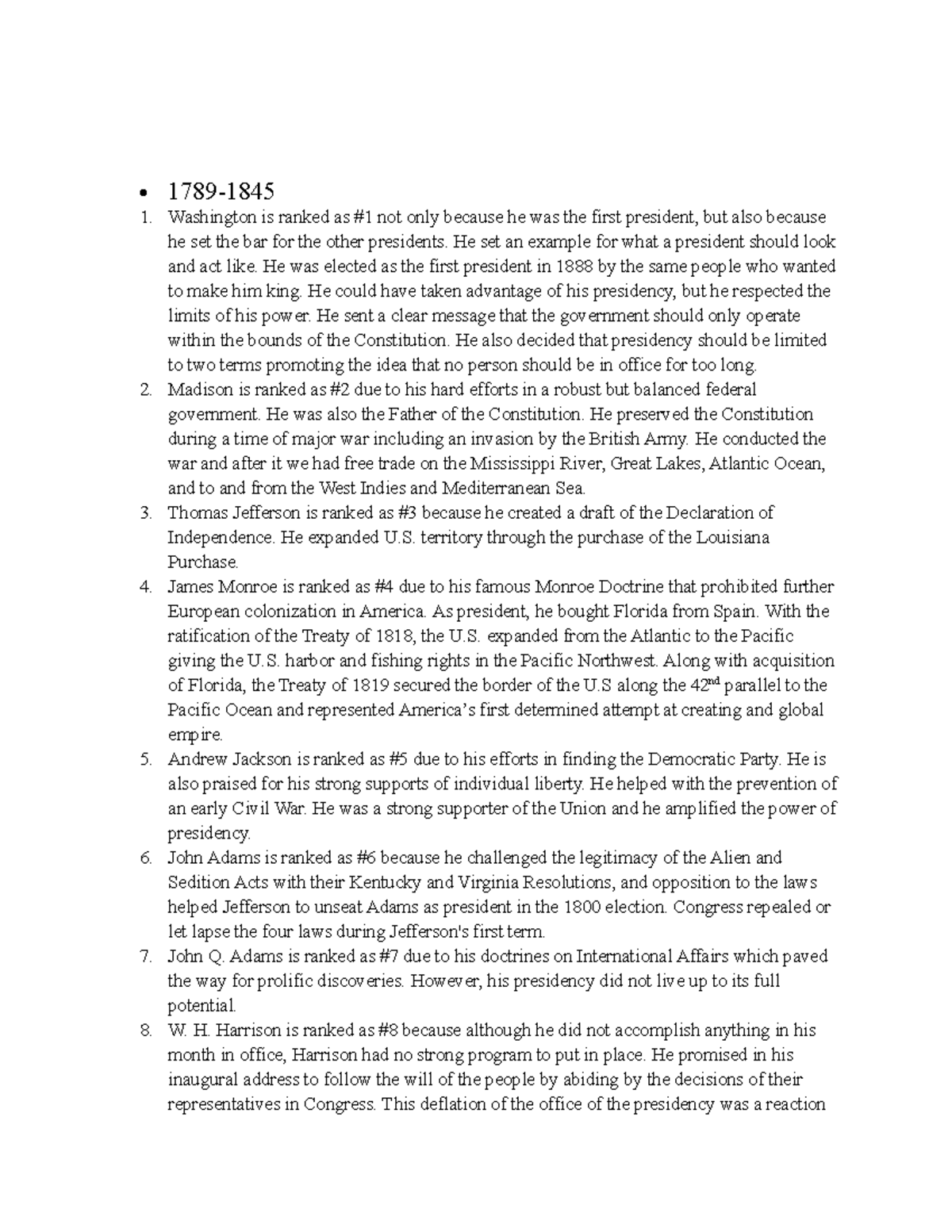 Apush presidents - Lecture notes all - 1789- Washington is ranked as #1 ...