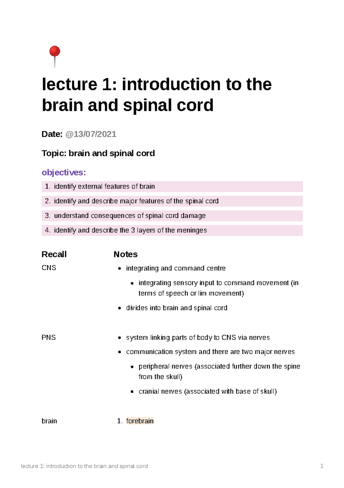 Lecture 1 introduction to the brain and spinal cord - 📍 lecture 1 ...