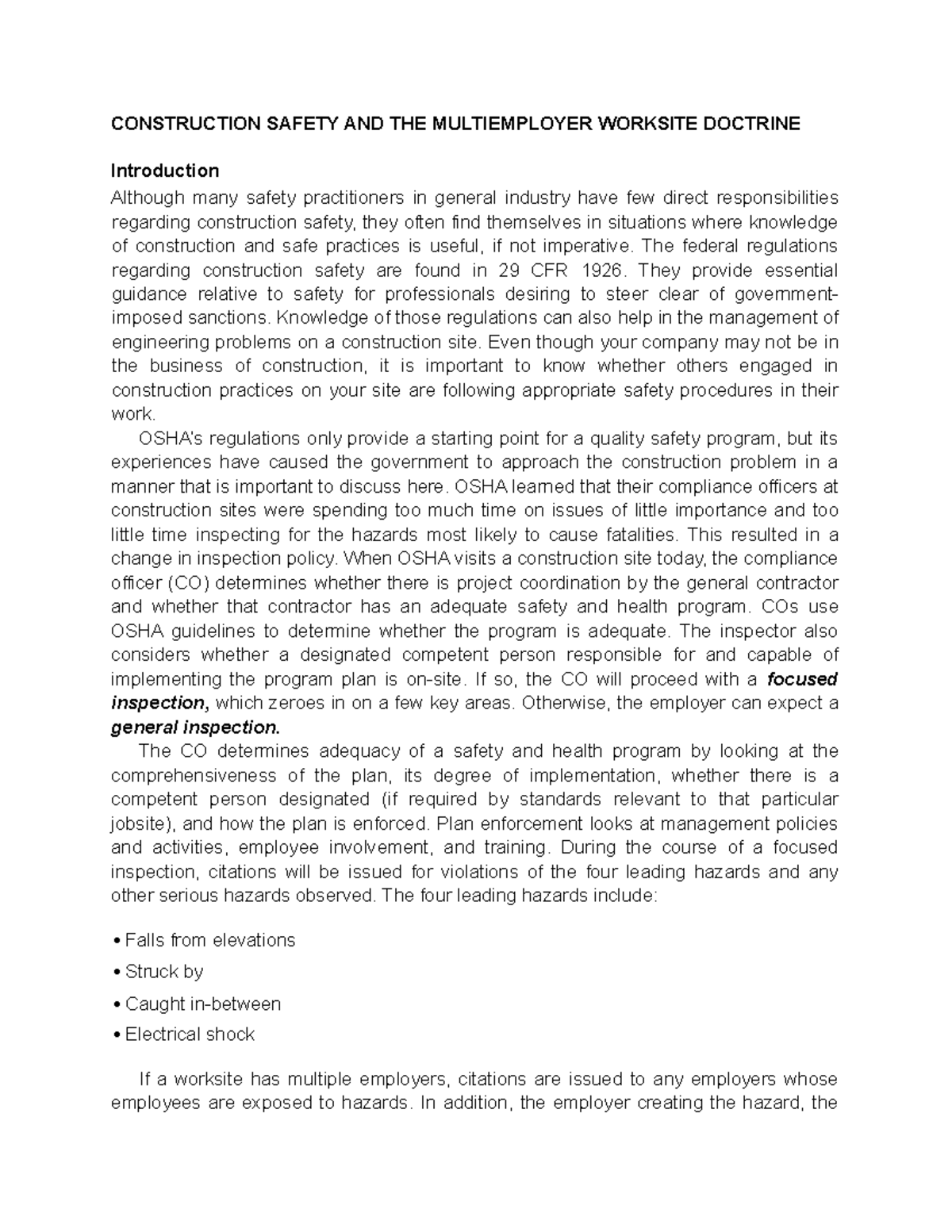 Construction Safety and the Multiemployer Worksite Doctrine ...