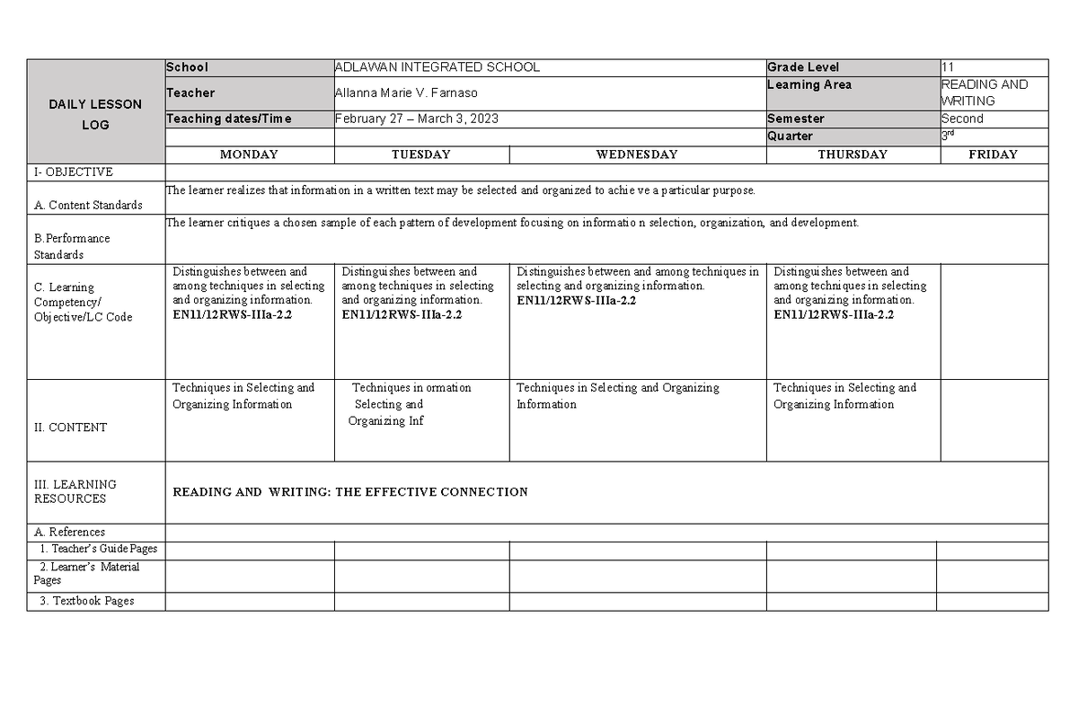 RAW 11 W3HJfajh - DAILY LESSON LOG School ADLAWAN INTEGRATED SCHOOL ...