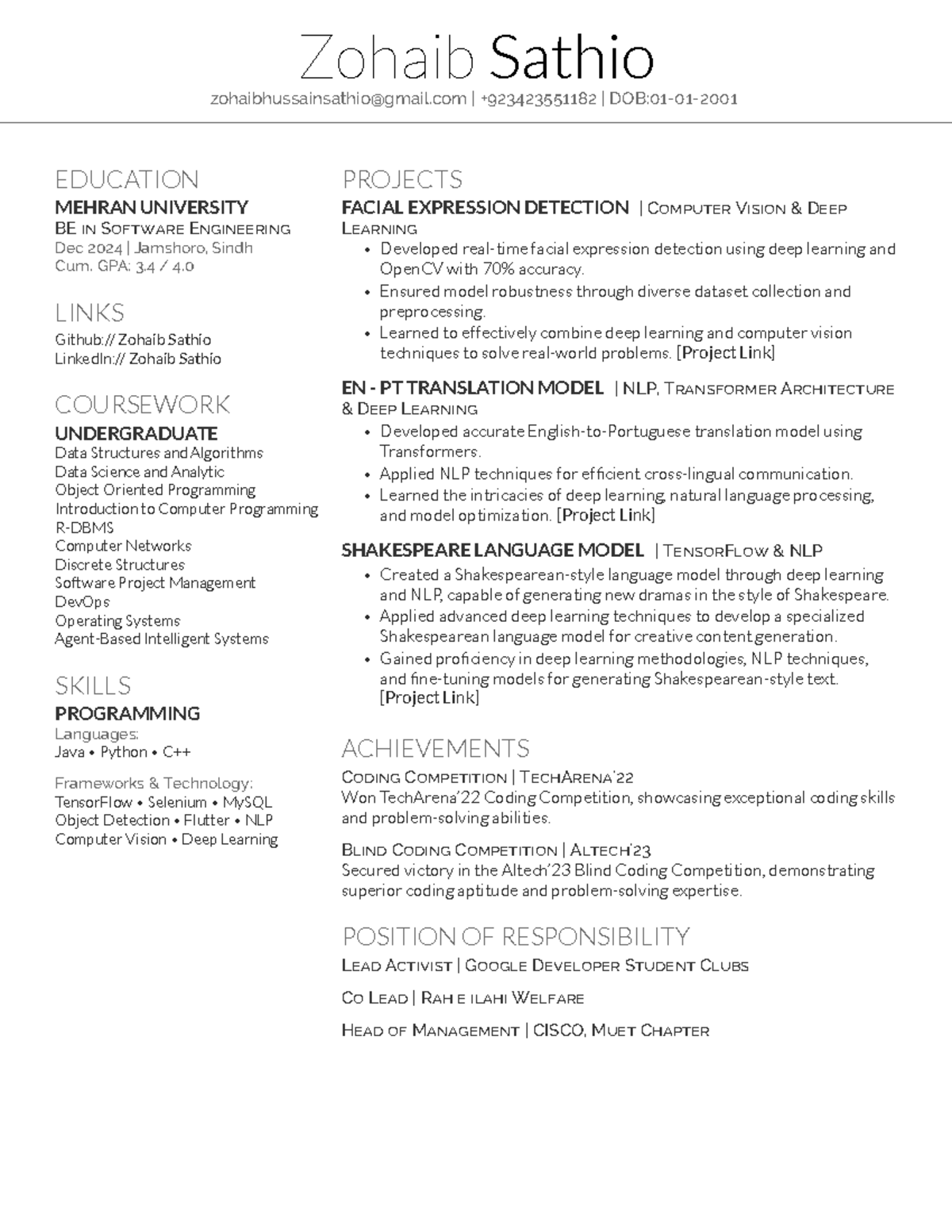 Zohaib Resume NLP Focused - Zohaib Sathio zohaibhussainsathio@gmail | +923423551182 | DOB:01-01 ...