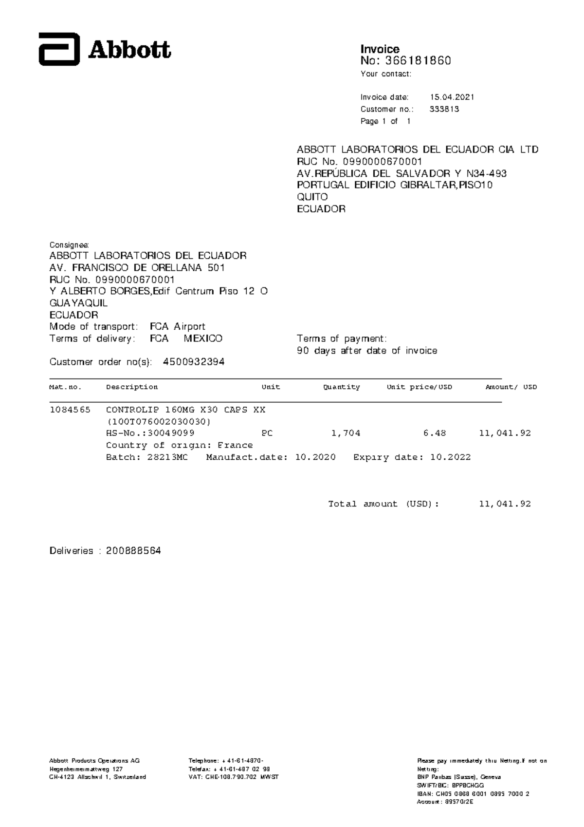 Abbott Invoice 366181860 4126 EC Abbott Laborato - Mode of transport ...