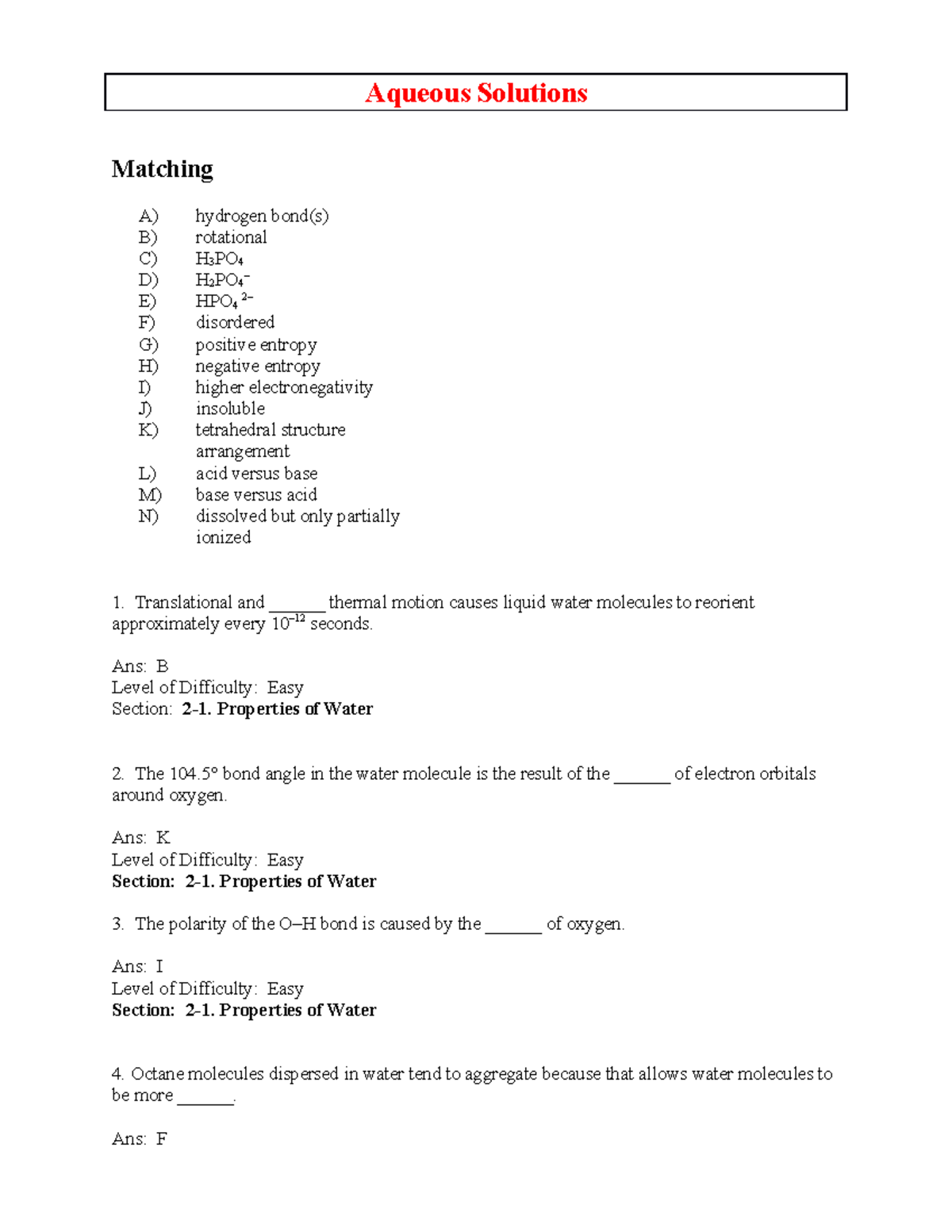 Aqueous Solutions - Exam - Aqueous Solutions Matching A) B) C) D) E) F ...