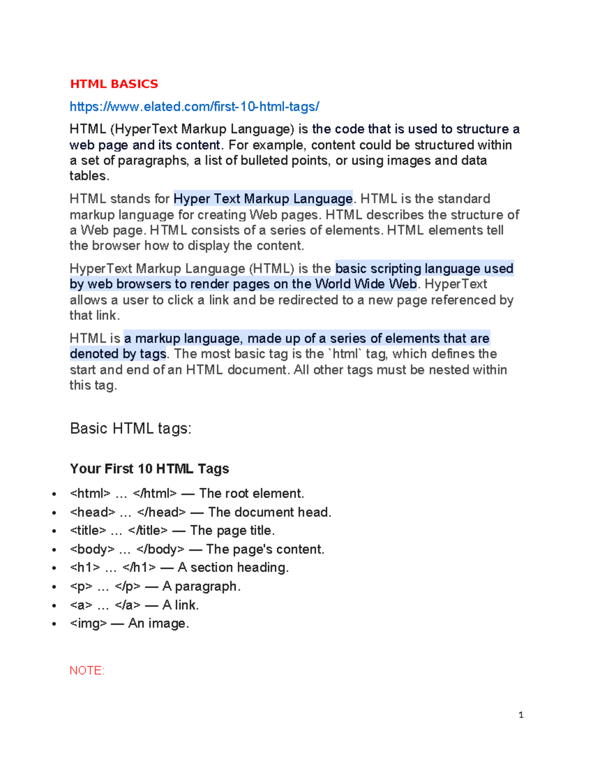Scs 209 Lecture Notes Html Basics Elatedfirst 10 Html Tags Html