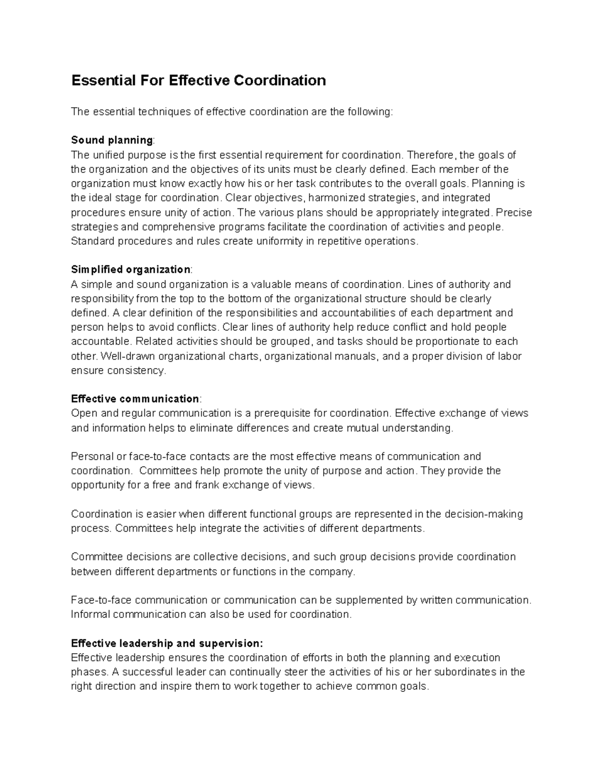 Essential For Effective Coordination - Therefore, the goals of the ...