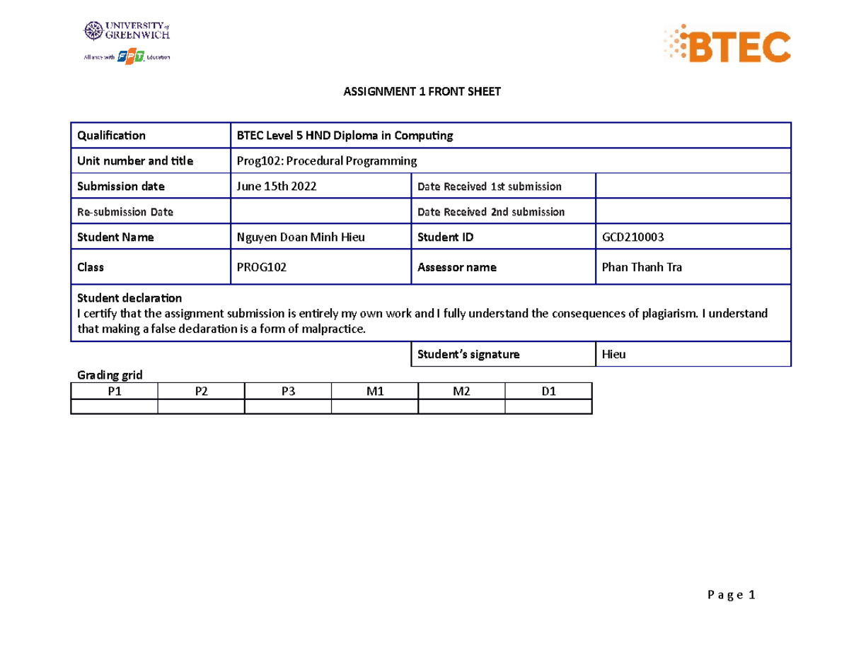 Assignment-1Minh hiếu 2 - ASSIGNMENT 1 FRONT SHEET Qualification BTEC ...