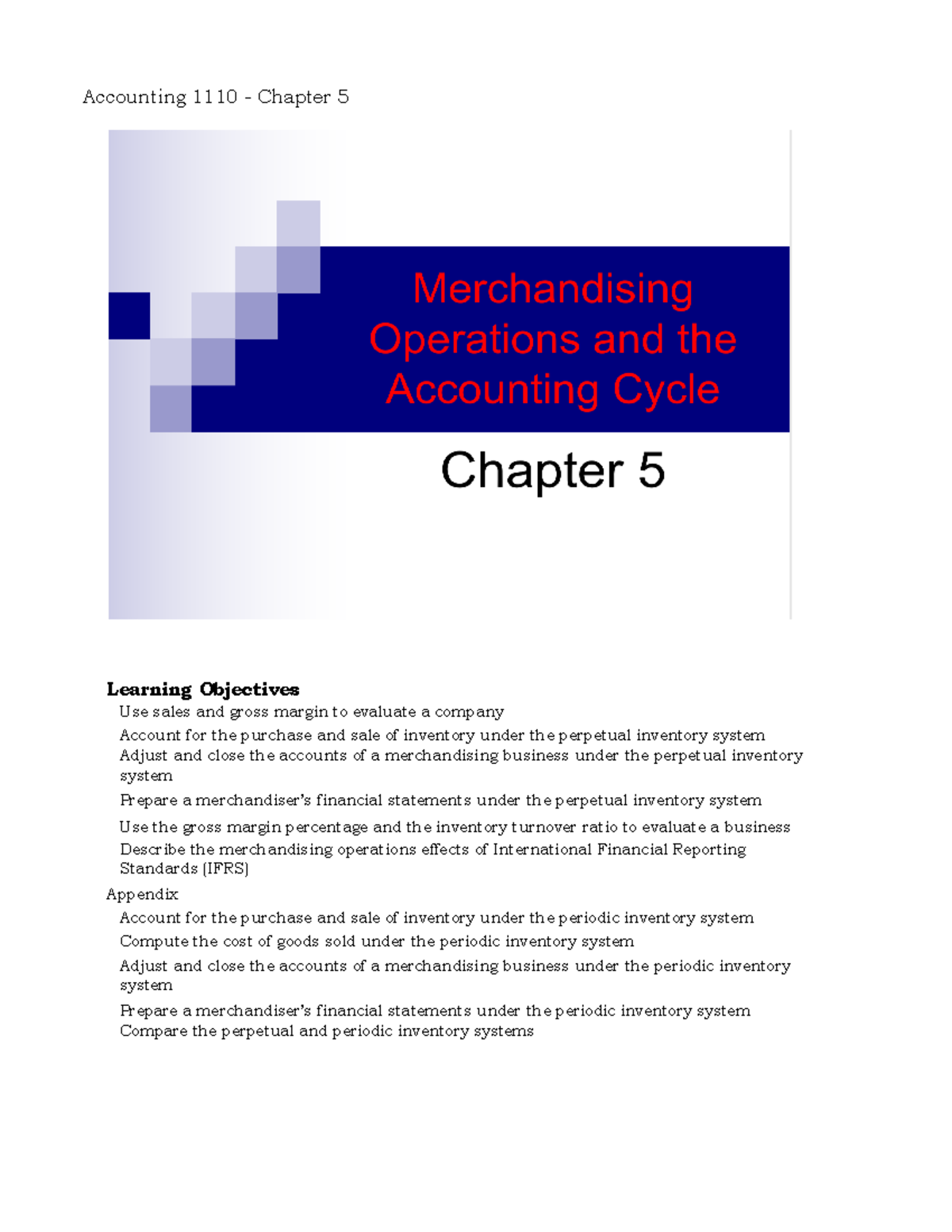 Chapter 5 - Warning: TT: undefined function: 32 Accounting 1110 - Chapter 5 Learning Objectives ...