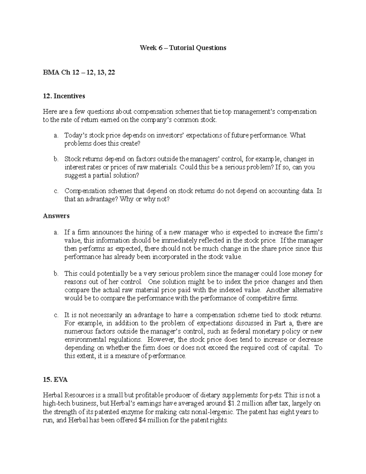 Week 6 Tutorial Questions And Answers Week 6 Tutorial Questions Bma Ch 12 12 13 22 12 