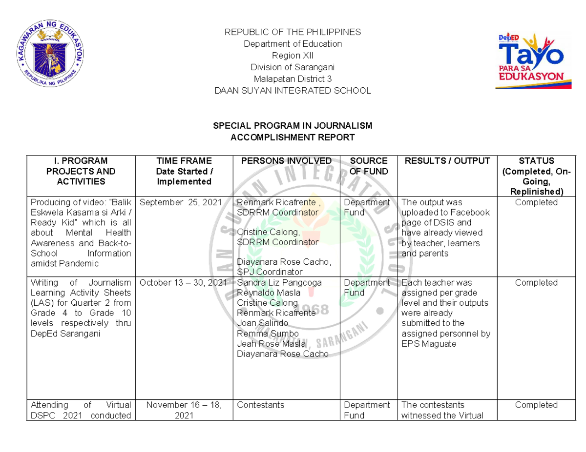 Accomplishment- Report-SPJ-SY-2021-2022 - REPUBLIC OF THE PHILIPPINES ...