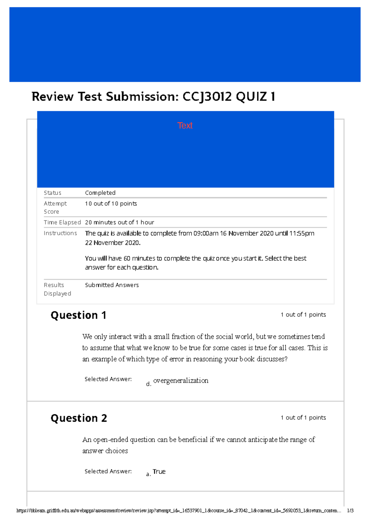 Quiz 1 18 November 2020 Questions And Answers 18112020 Review Test Submission Ccj3012 Quiz