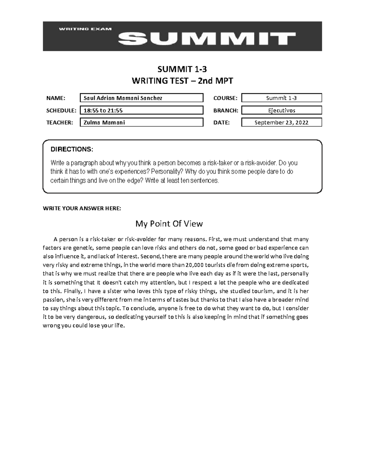 SUM 1-3 Second MPT Writing - SUMMIT 1- WRITING TEST – 2nd MPT NAME ...
