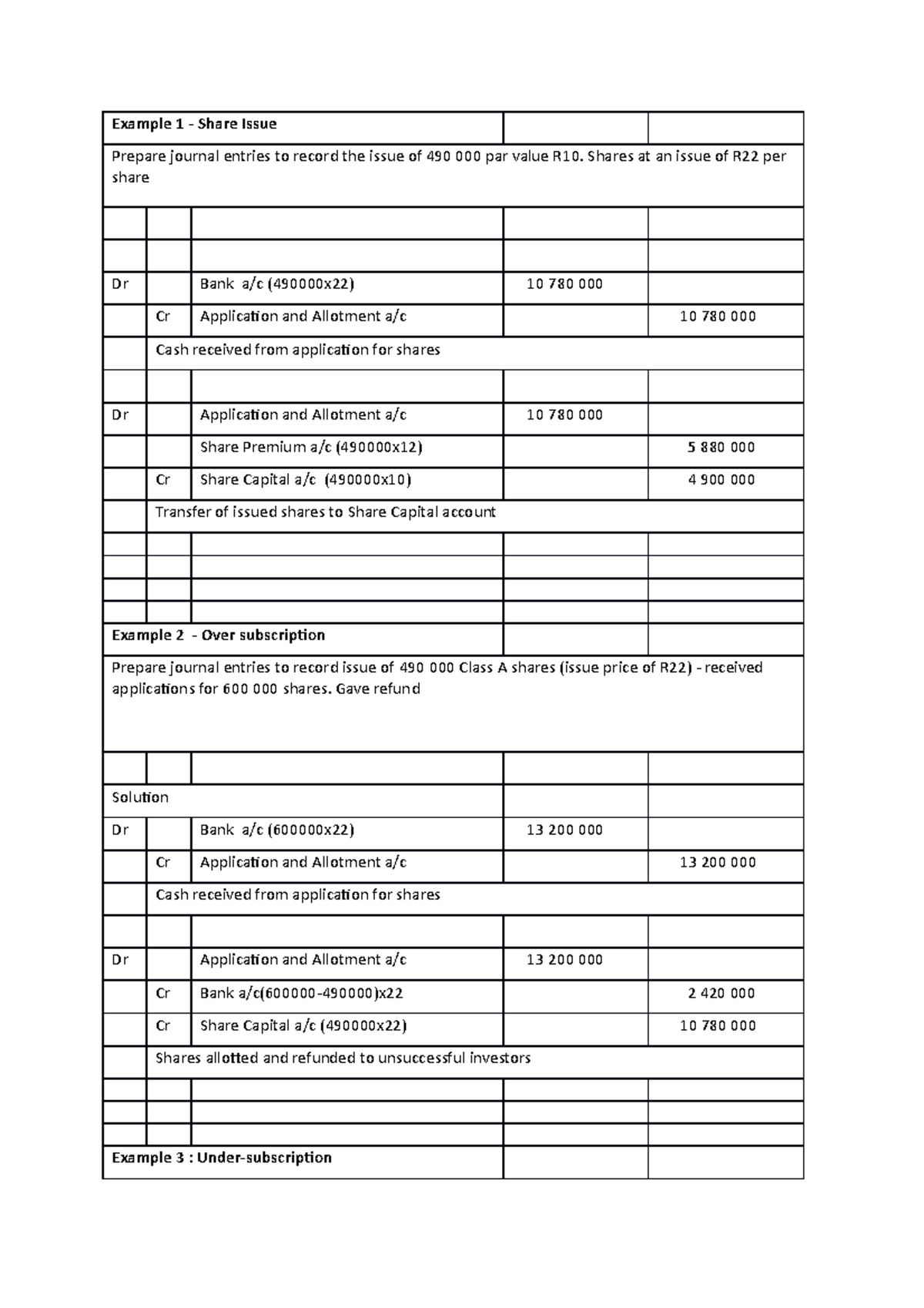 Example 1 - Shares - Useful information - Example 1 - Share Issue ...