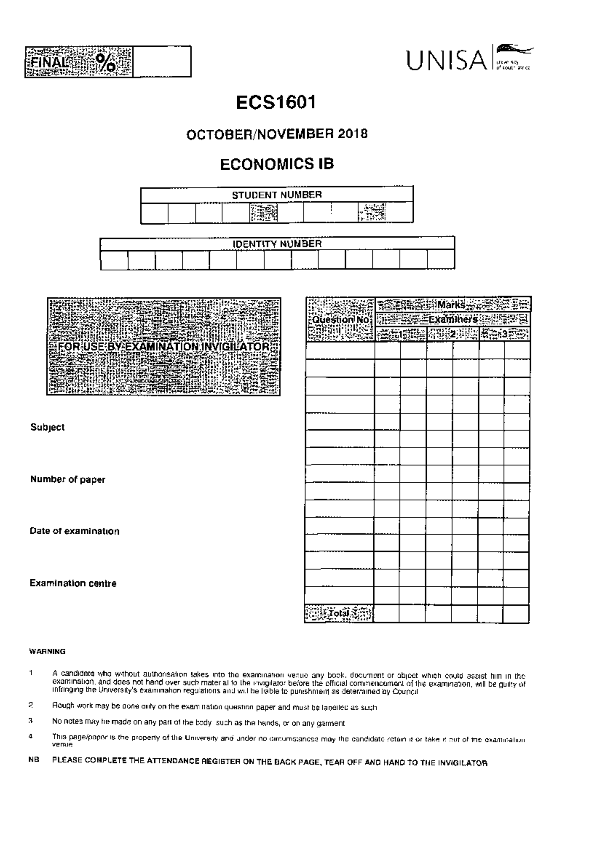 Exam 1 June 2018, questions - ECS1601 - Studocu