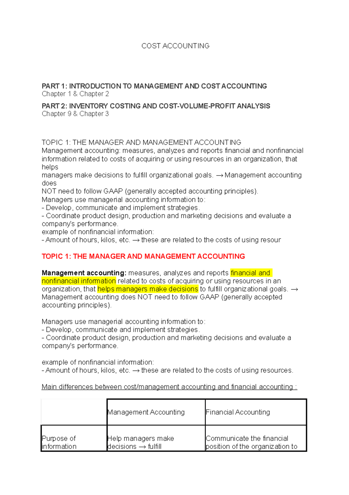 COST Accounting summary - COST ACCOUNTING PART 1: INTRODUCTION TO ...