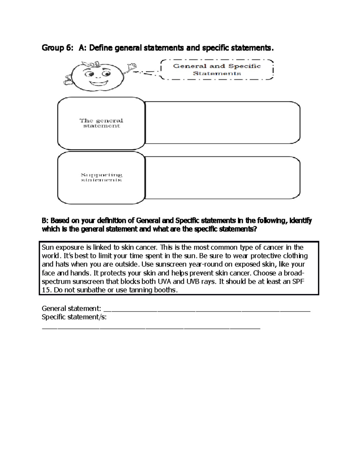 Group 6 - ACTIVITY WORKSHEETS - Group 6 : A: Define general statements ...