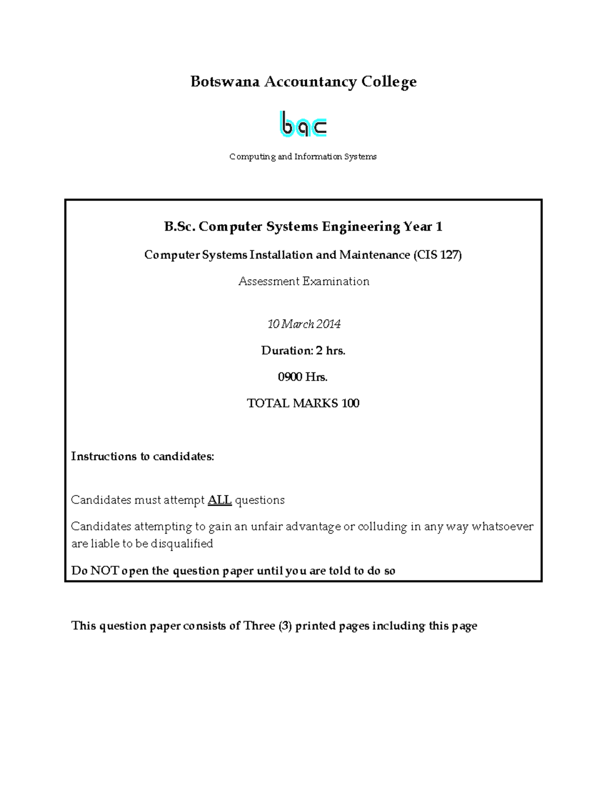 CSIM march 2014 assessment paper - Botswana Accountancy College ...