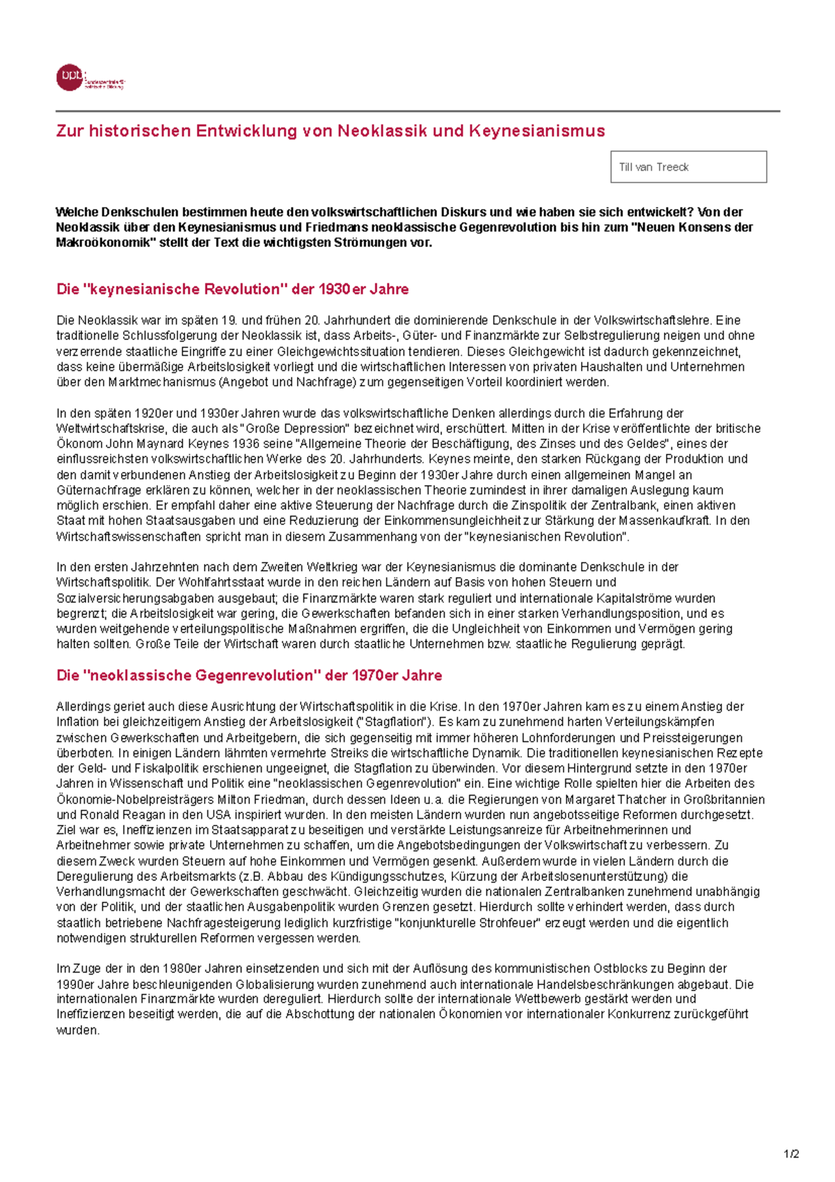 1 Zur historischen Entwicklung von Neoklassik und Keynesianismus bpb ...