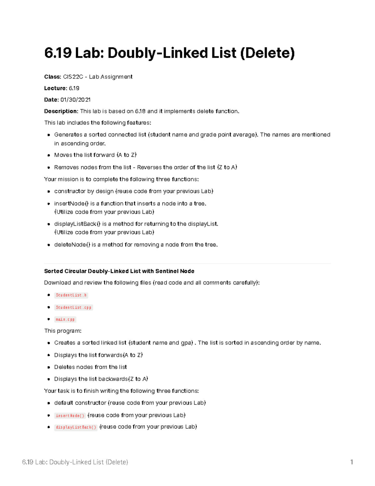 619 Lab Doubly Linked List Delete 6 Lab Doubly Linked List Delete Class Cis22c Lab