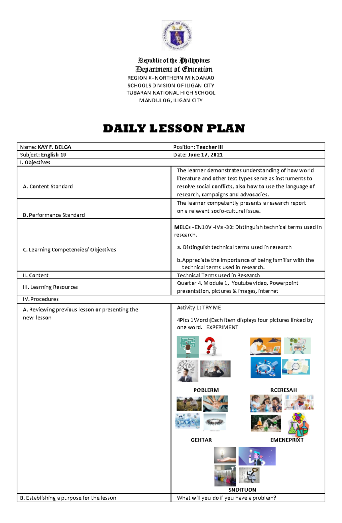 DLL- Observation-2 - This is a sample Daily lesson plan - English ...