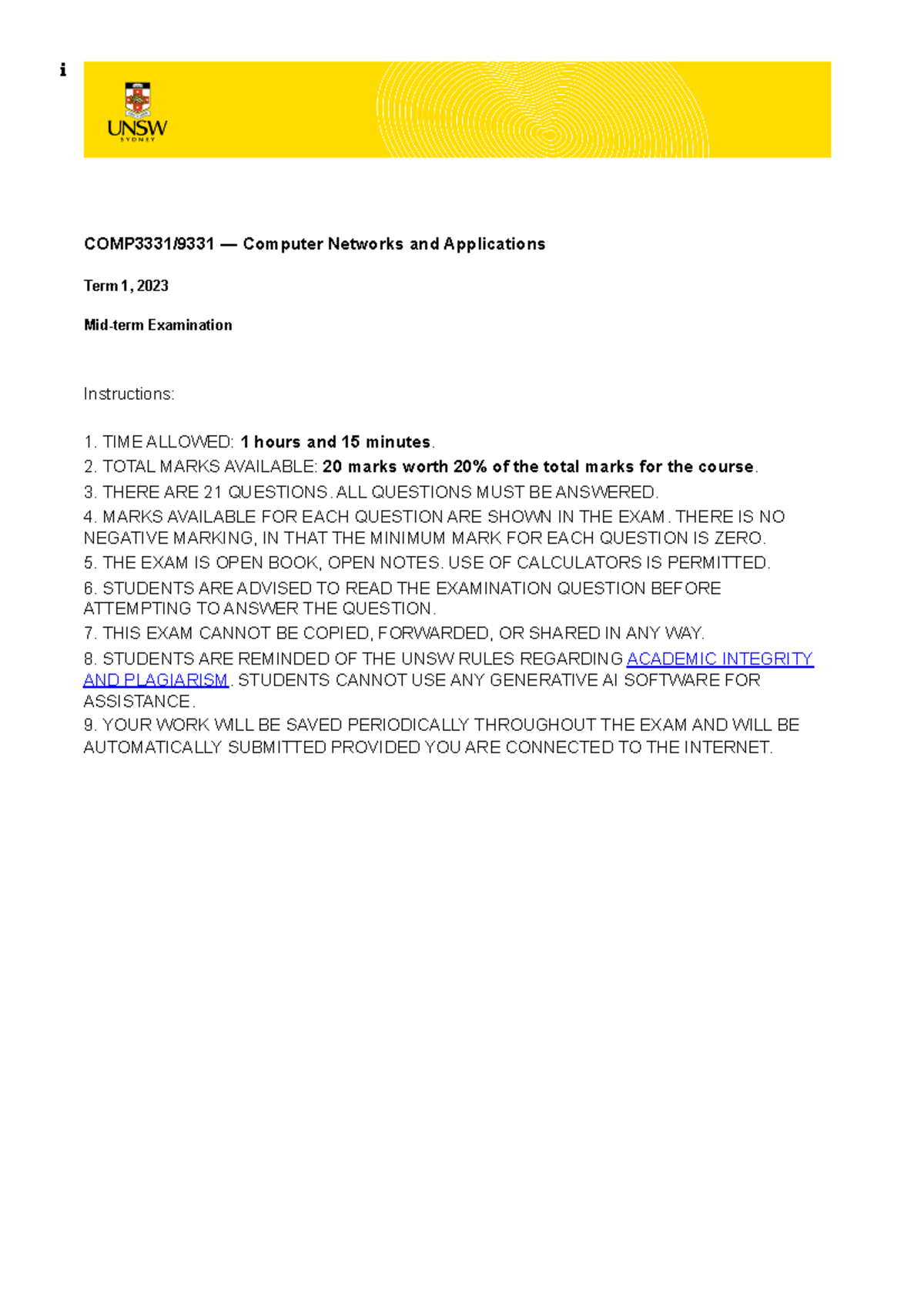 3331 mid term 1 - mid term exam - COMP3331/9331 — Computer Networks and Applications Term 1 ...