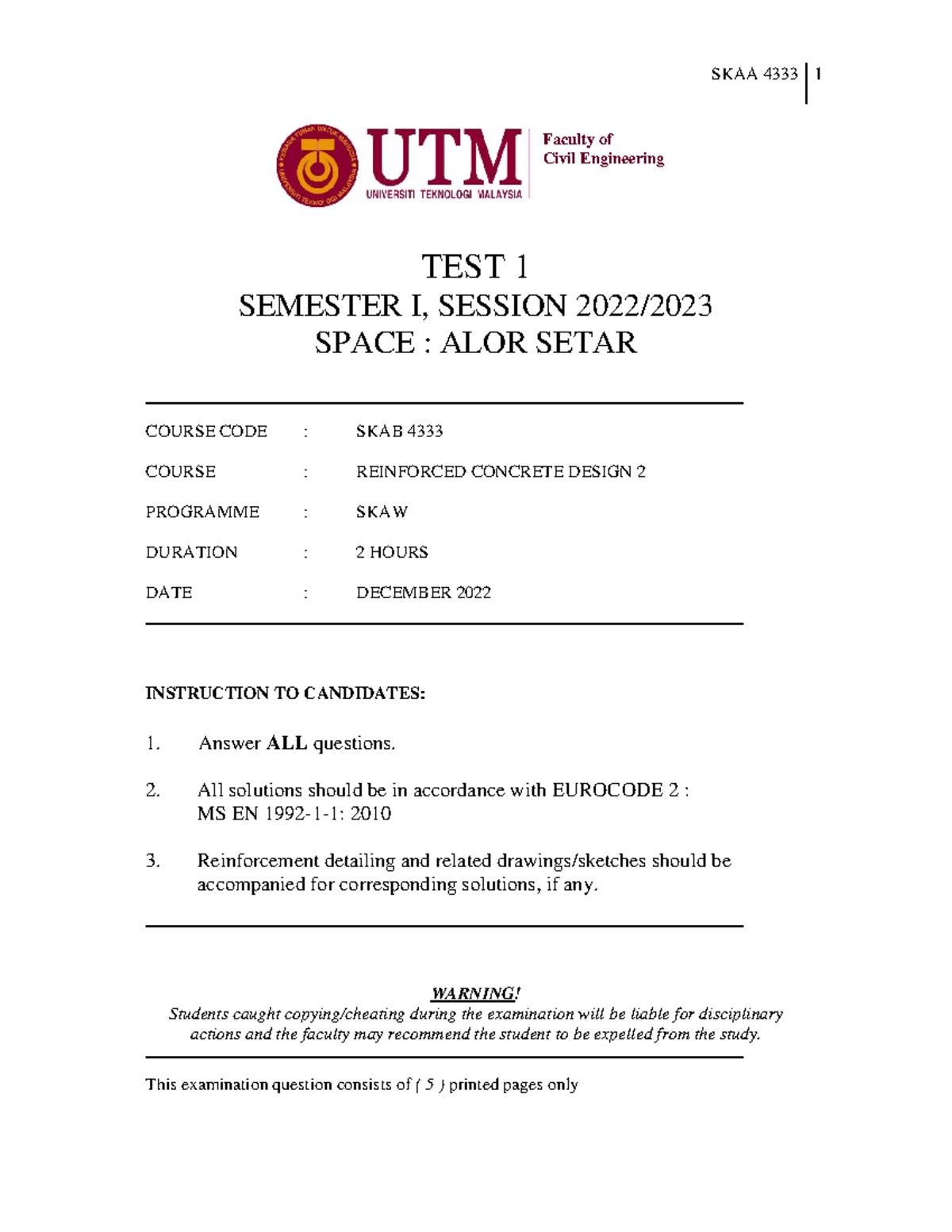 TEST 1-RC2-Alor Setar-202223 - TEST 1 SEMESTER I, SESSION 2022/ SPACE ...
