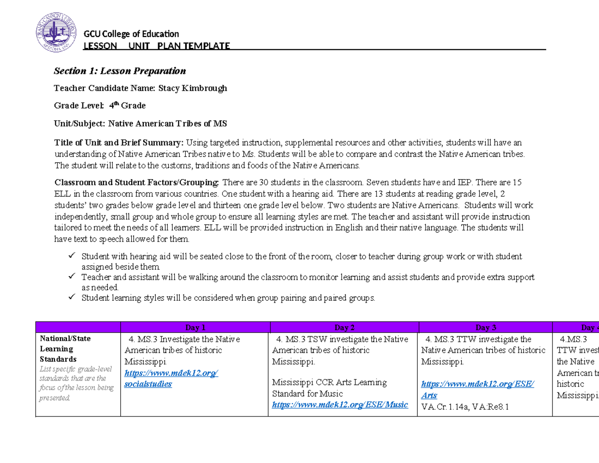 Native American - 5 day unit plan - Section 1: Lesson Preparation ...